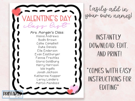 Editable Valentine's Day Class List Instant Download and | Etsy