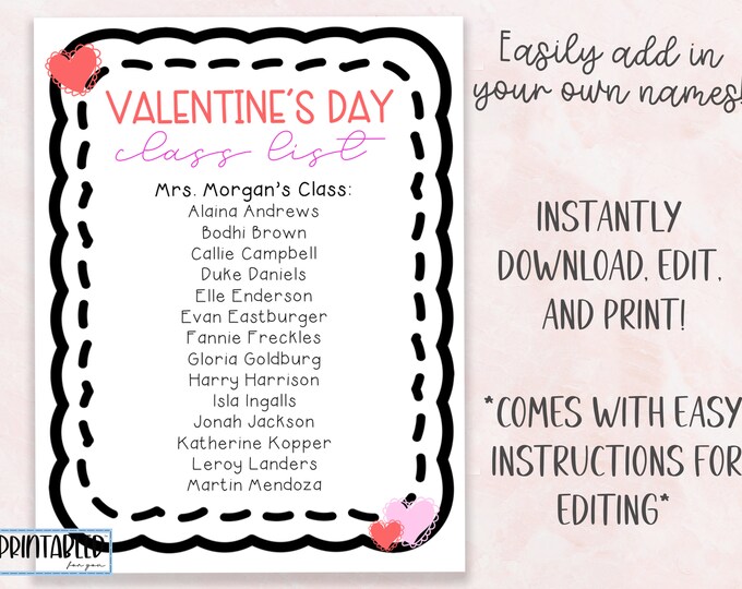 Editable Valentine's Day Class List - Instant Download and Printable - Etsy