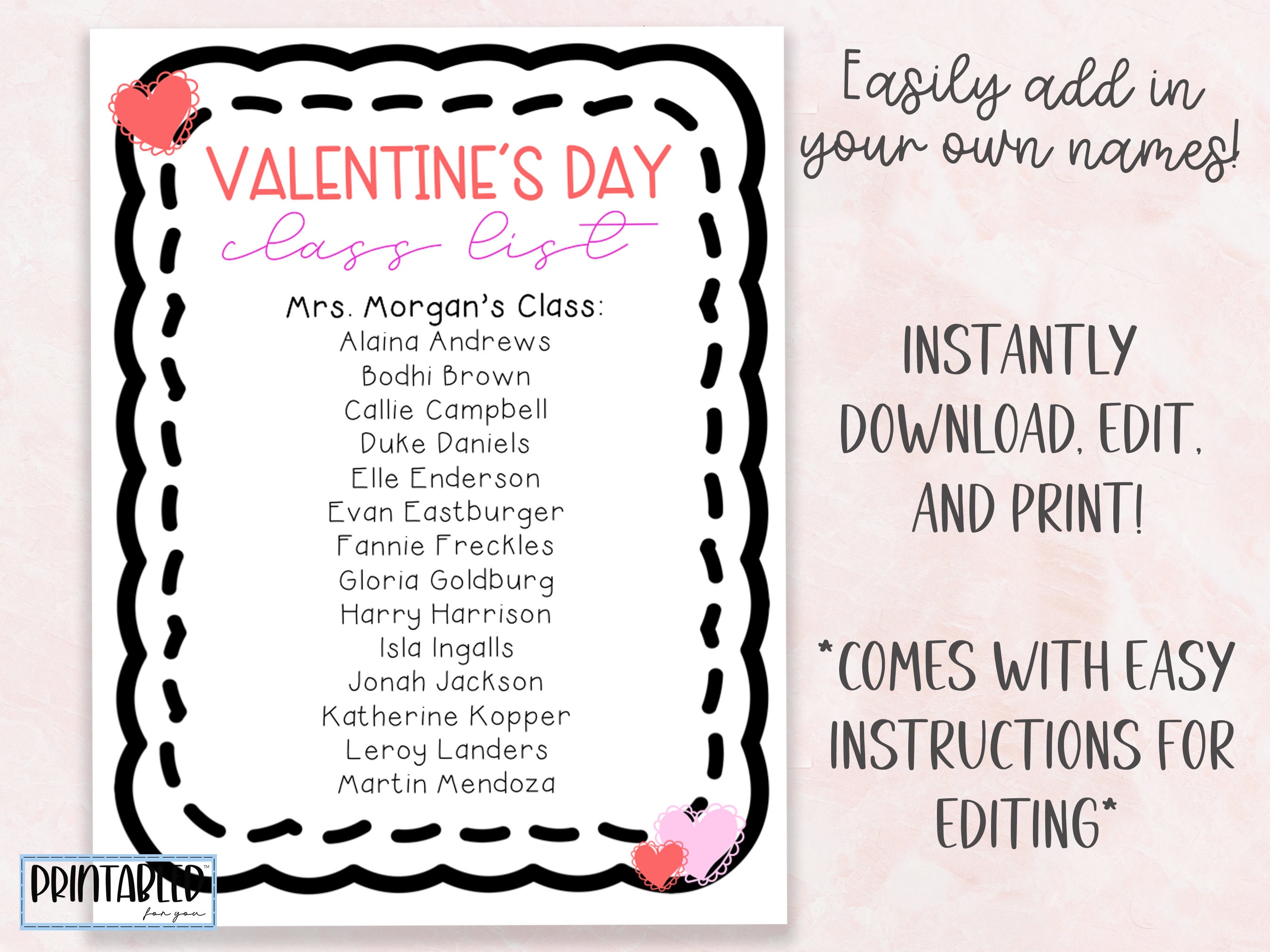 Editable Valentine's Day Class List Instant Download and Printable - Etsy