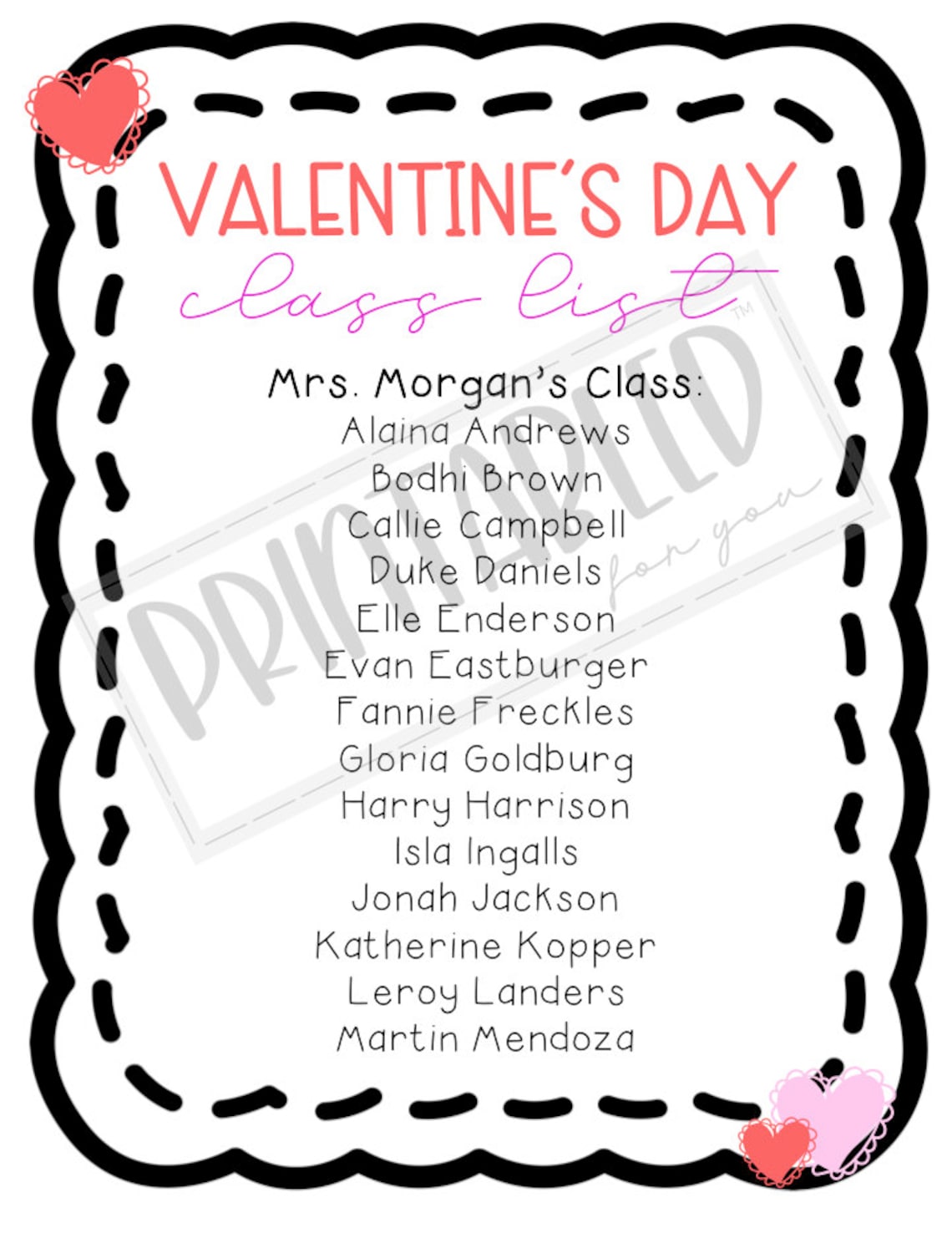Editable Valentine's Day Class List Instant Download and Printable - Etsy