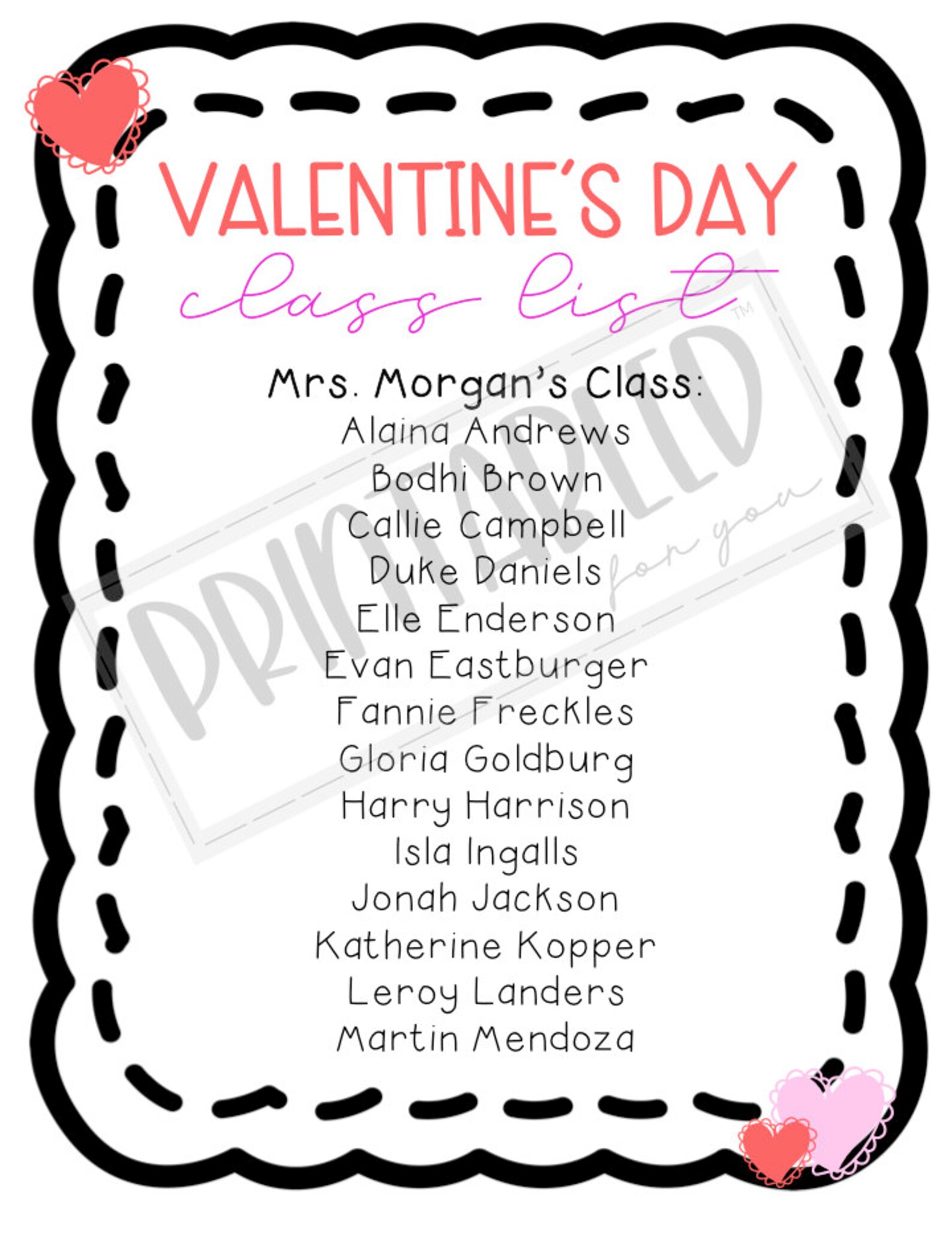 Editable Valentine's Day Class List Instant Download and Printable - Etsy