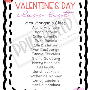 Editable Valentine's Day Class List Instant Download and Printable - Etsy
