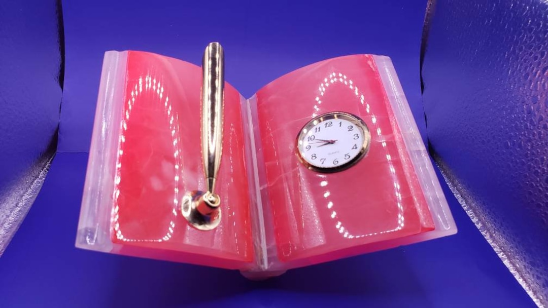 Dyed Onyx Open Book Clock With Pen Holder Book Lover Desk Accessory ...