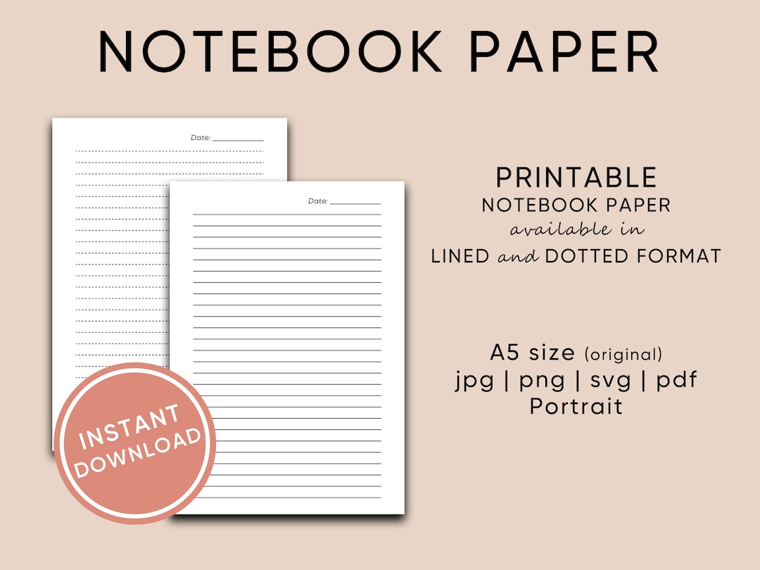 PRINTABLE Notebook Paper Minimal Notebook Basic Notes A5 Lined Dotted ...