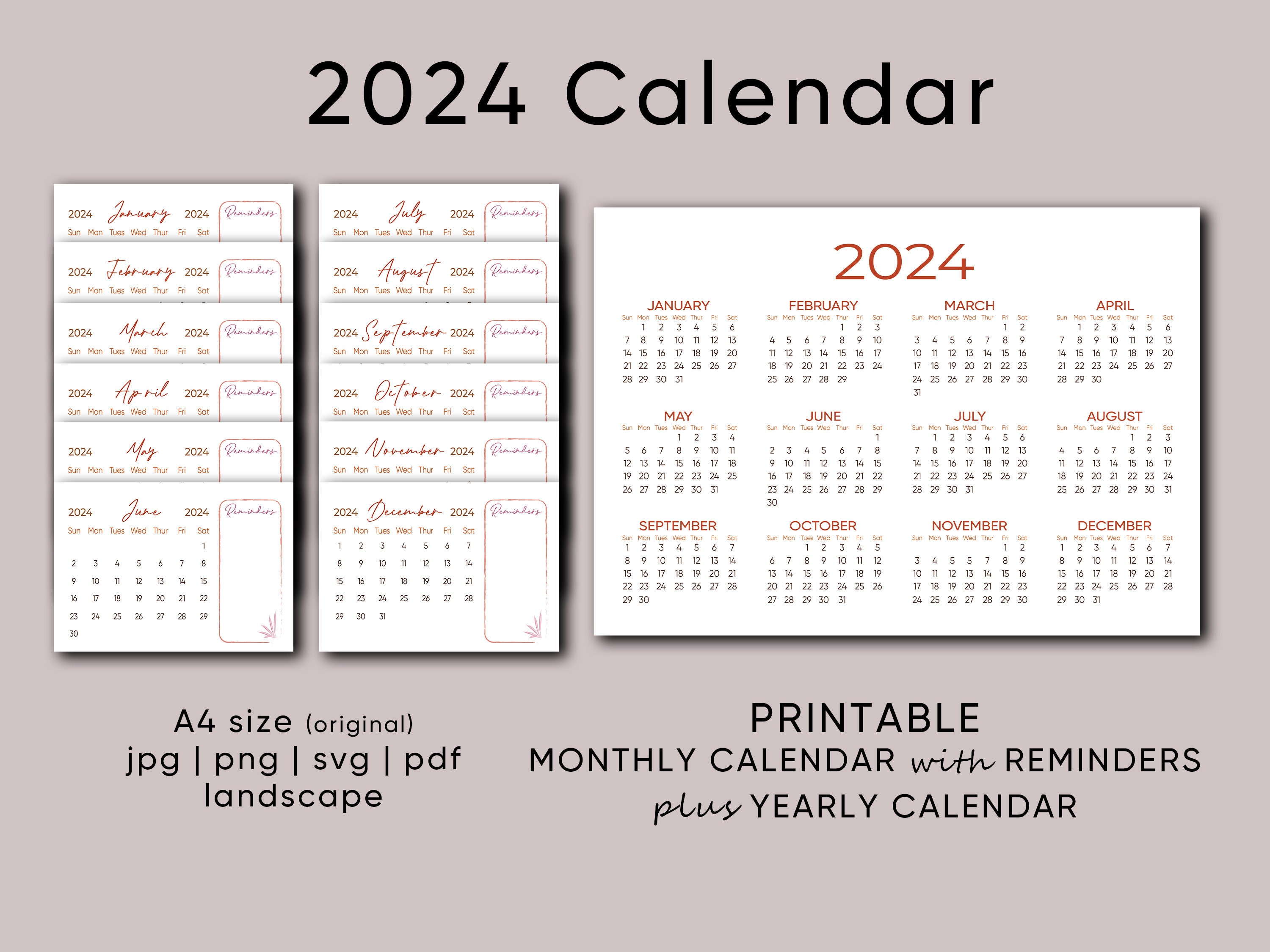 2024 Printable Calendar A4 A5 Monthly Calendar W/ Reminders Section ...