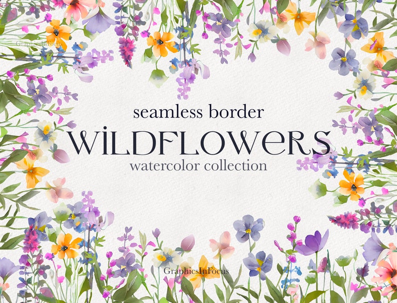 Watercolor Wildflowers Seamless Border Clipart (PNG) - Etsy
