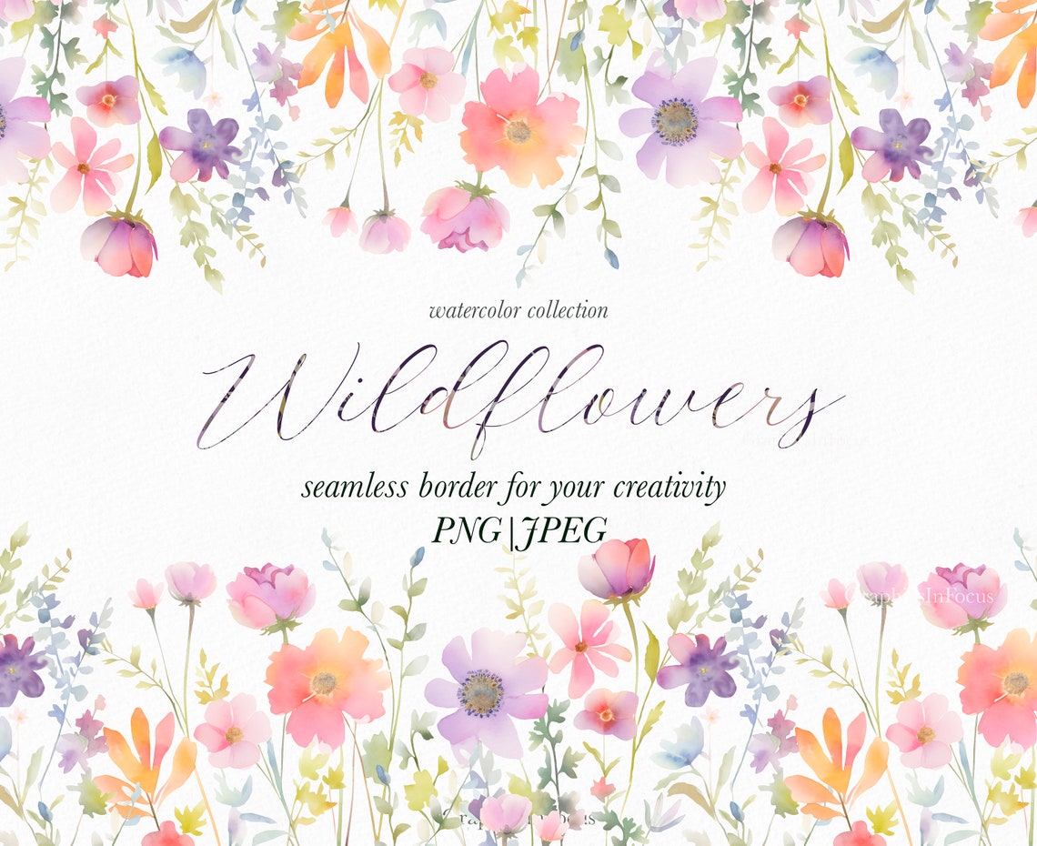 Summer Wildflowers Border , Seamless Border , Watercolor Clipart ...