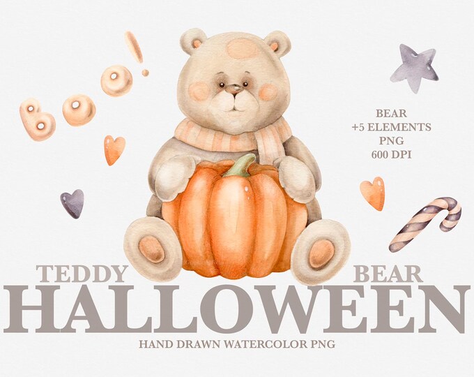 Halloween Bear Watercolor Clipart: Pumpkin PNG (digital Download ...