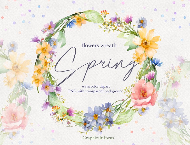 Spring Flowers Wreath Watercolor Clipart PNG File - Etsy
