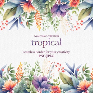 Watercolor Tropical Flower Border Clipart: Seamless Party Design (PNG ...