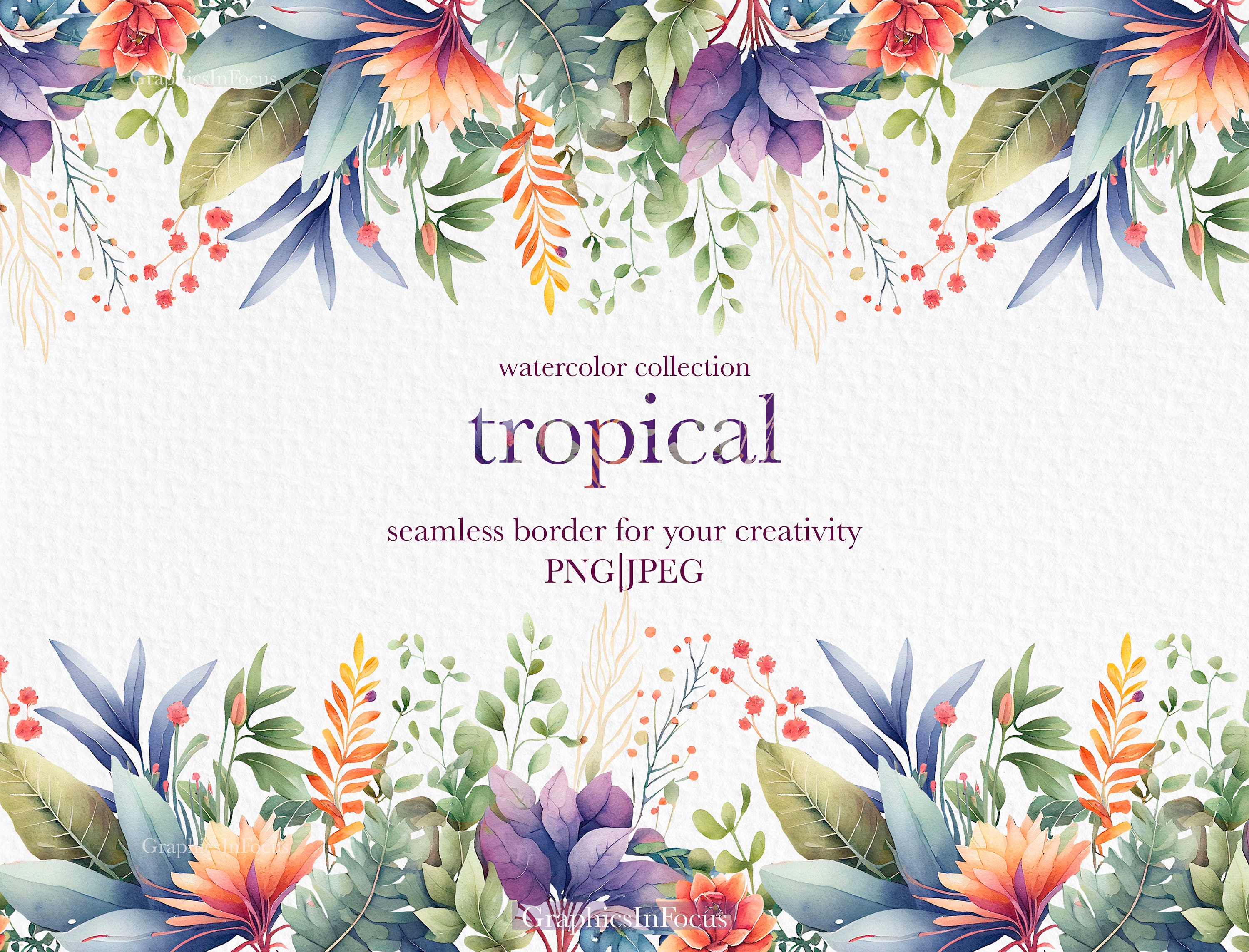 Tropical Flowers Border , Party Clipart , Watercolor Flowers , Seamless ...