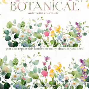 Watercolor Botanical Flower Border: Seamless Floral Clipart (digital ...