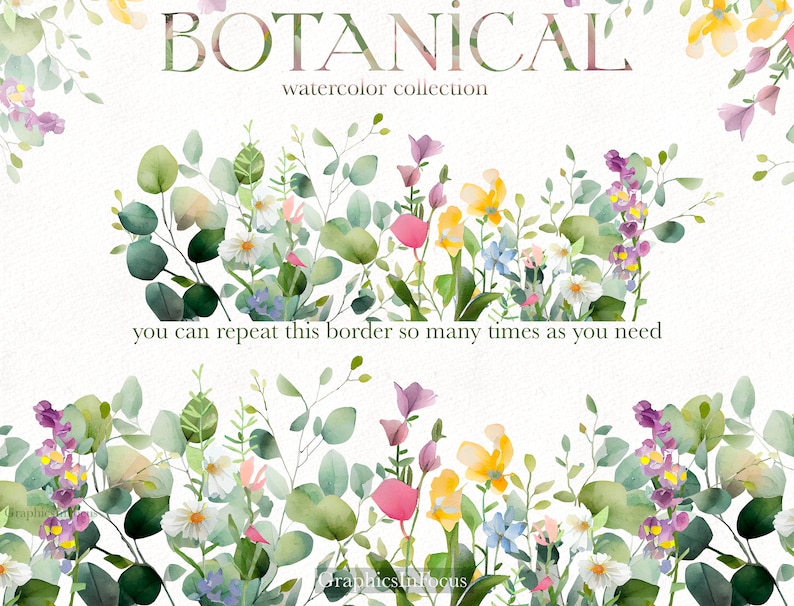 Watercolor Botanical Flower Border: Seamless Floral Clipart (digital ...