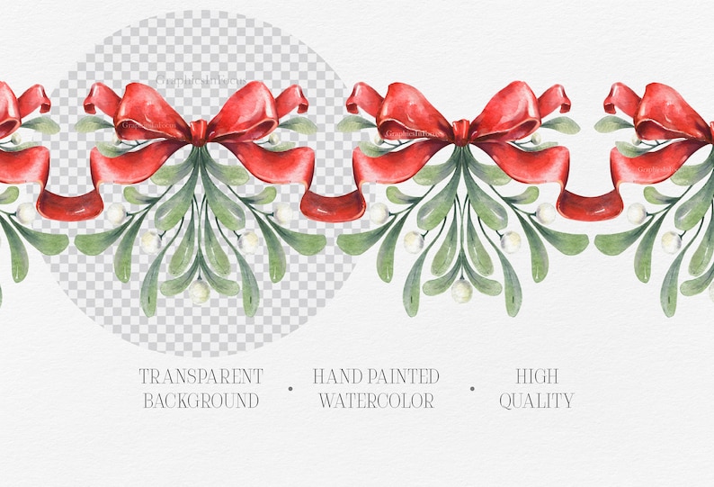 Christmas Mistletoe Border Clipart: Watercolor Red Bows (PNG Digital ...