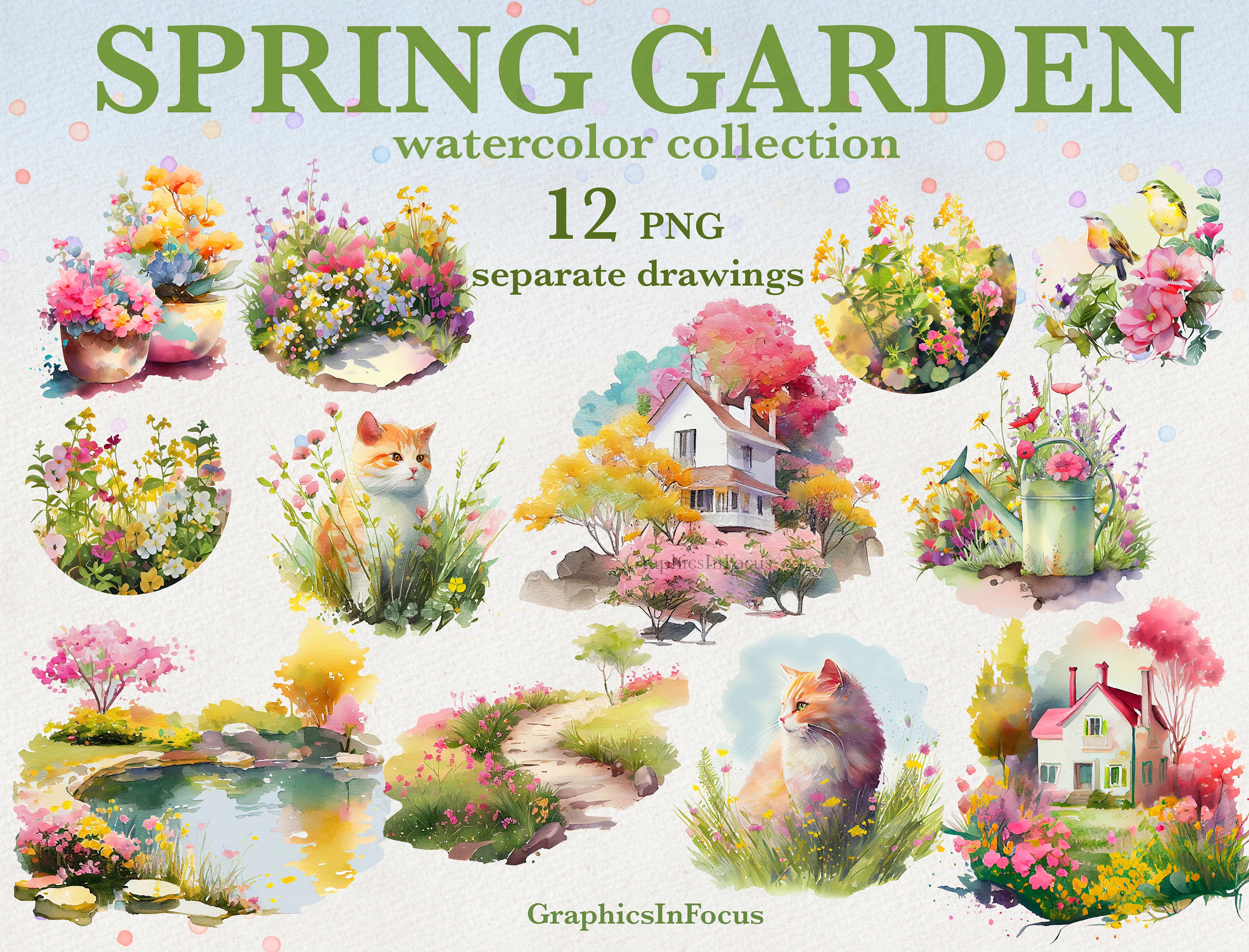 Spring Garden Watercolor Clipart Village Clipart Spring - Etsy