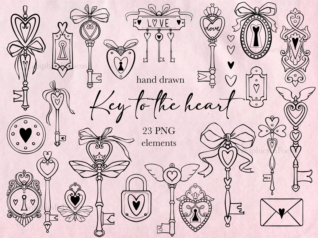 Key to the Heart Hand Drawn Clipart for Valentines Day 23 PNG Line Art ...