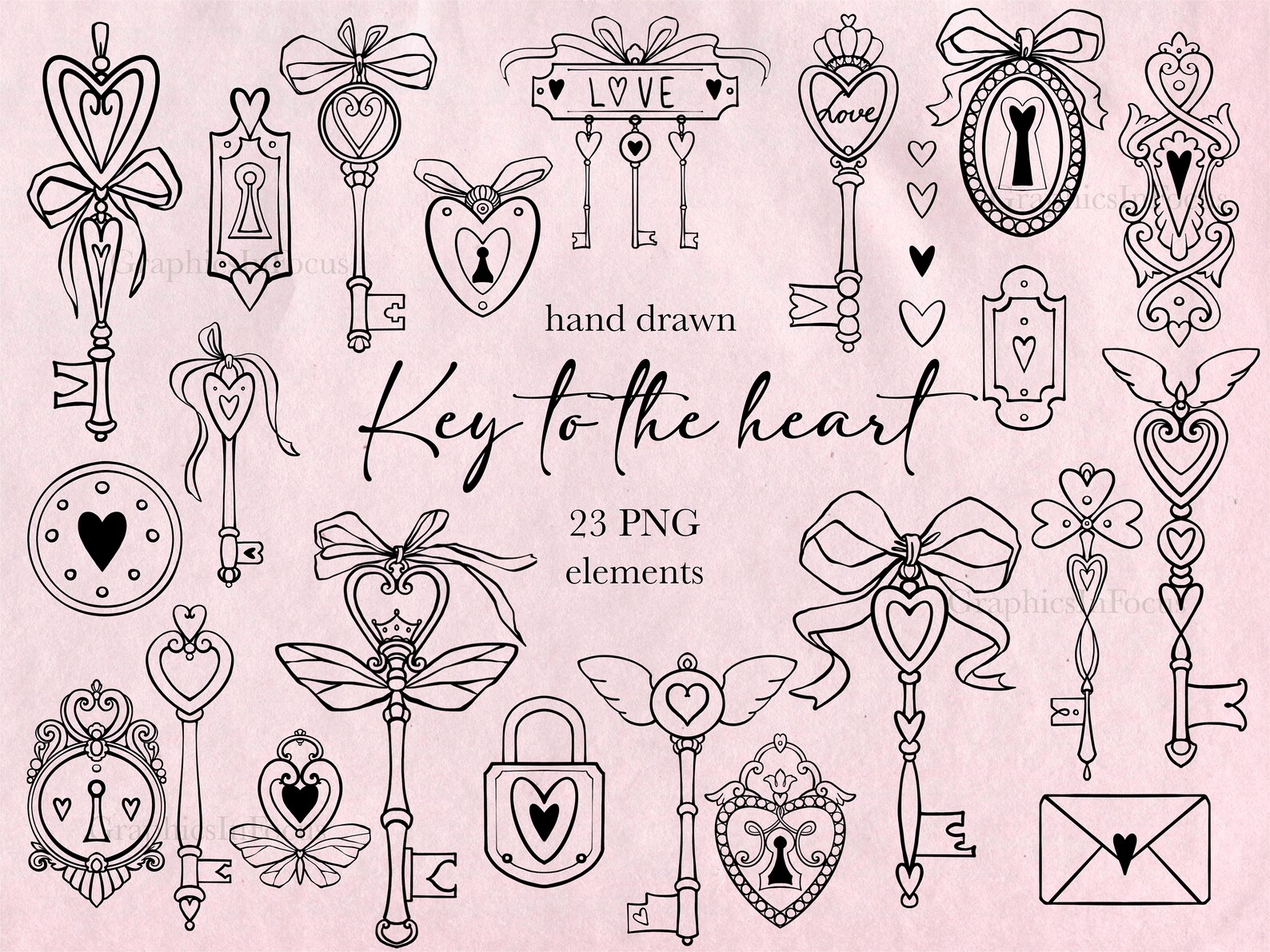 Heart Keys Clipart: Hand-drawn Valentine's Day PNG Elements (digital ...