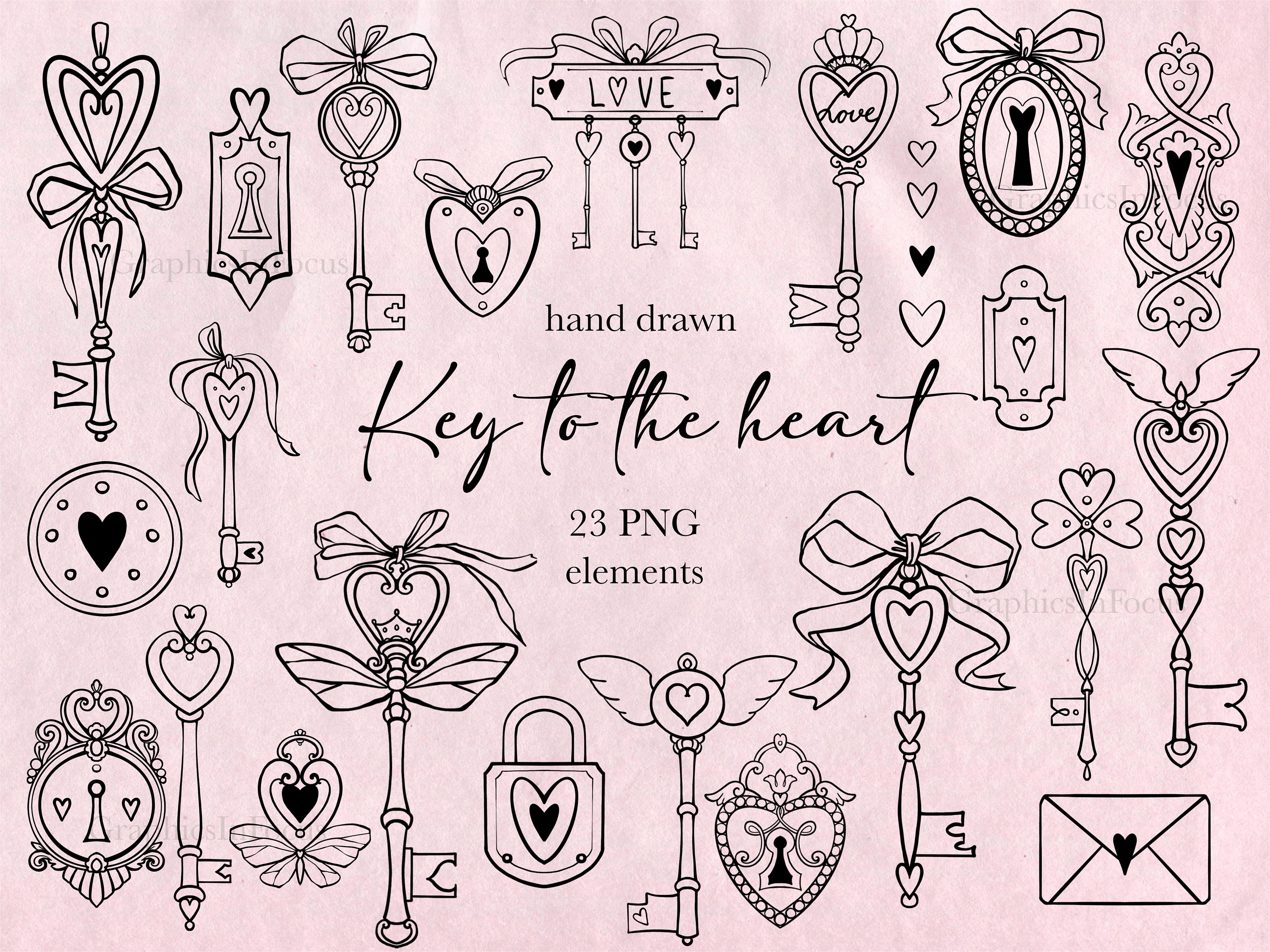 Key to the Heart Hand Drawn Clipart for Valentines Day 23 PNG Line Art ...
