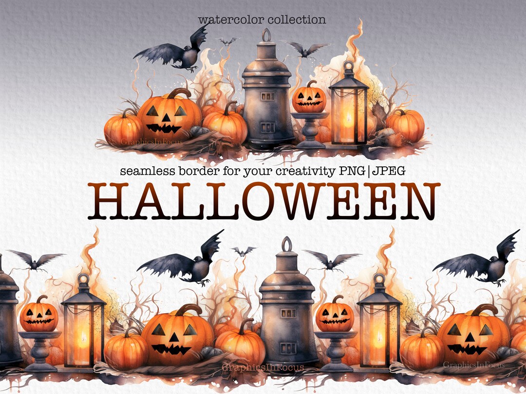 Halloween Clipart , Lantern and Pumpkins Seamless Border , Watercolor ...