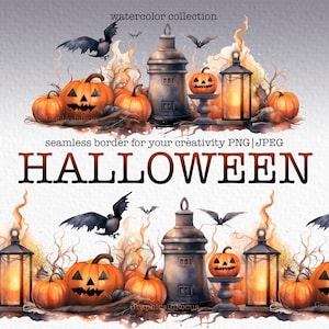 Halloween Clipart , Lantern and Pumpkins Seamless Border , Watercolor ...