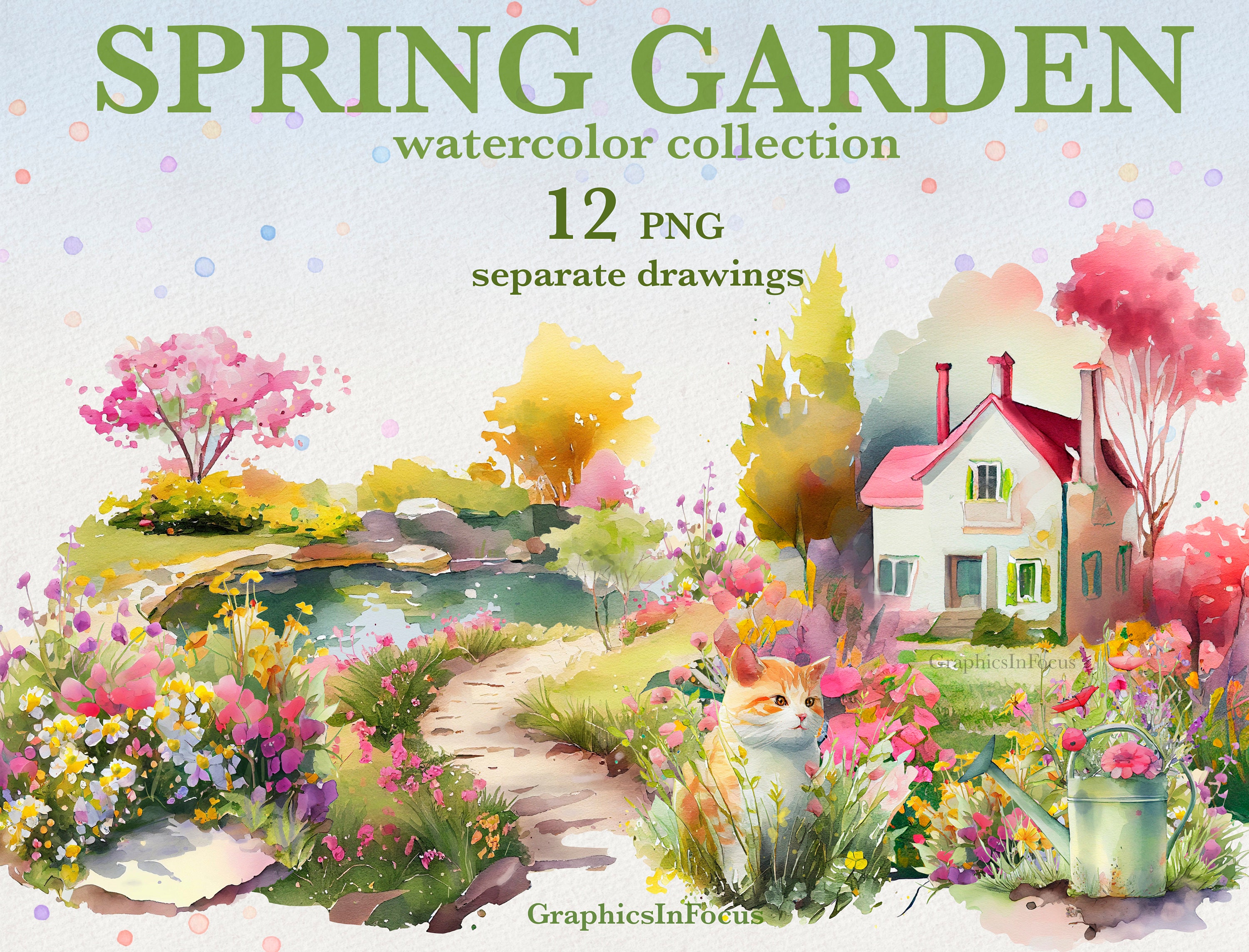 Spring Garden Watercolor Clipart Village Clipart Spring - Etsy