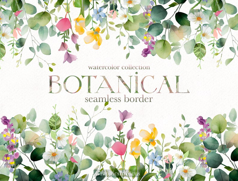 Watercolor Botanical Flower Border: Seamless Floral Clipart (digital ...