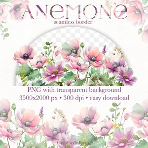 Watercolor Anemone Flower Border: Pink Spring Clipart (digital Download ...