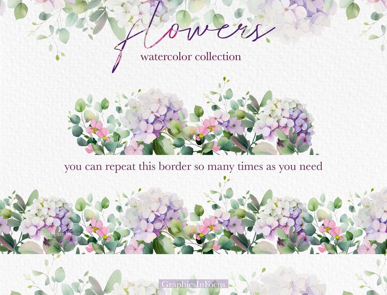 Watercolor Hydrangea Flower Border: Seamless Wedding Clipart (PNG, JPEG ...