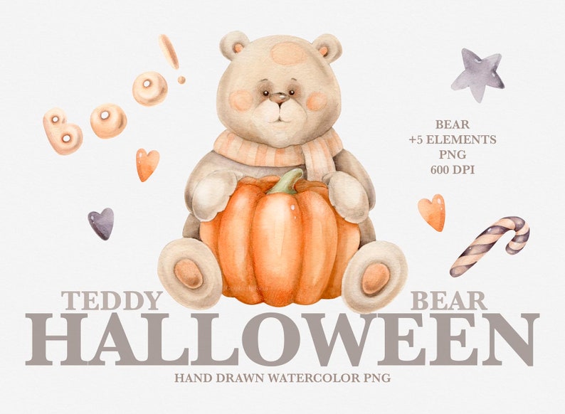 Halloween Teddy Bear Watercolor Clipart: Pumpkin Autumn Illustration ...