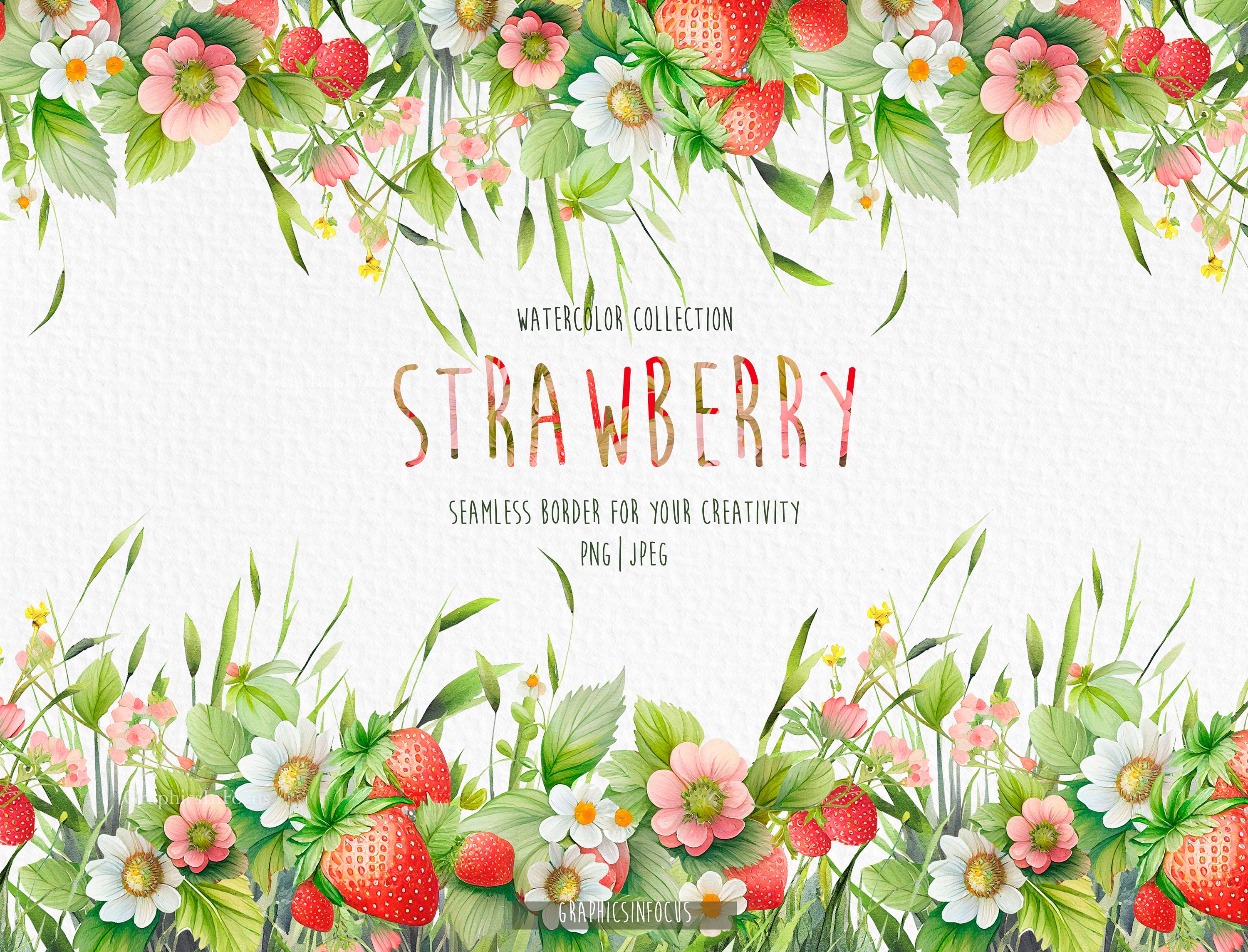 Strawberry Flower Border: Watercolor Clipart, Seamless Design (digital ...