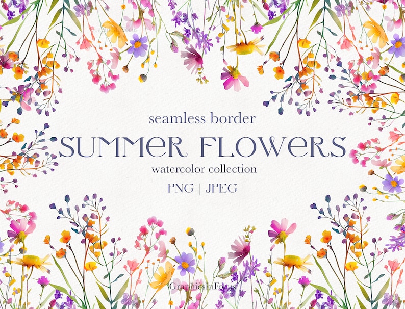Wildflowers Border Flowers Seamless Border Watercolor - Etsy