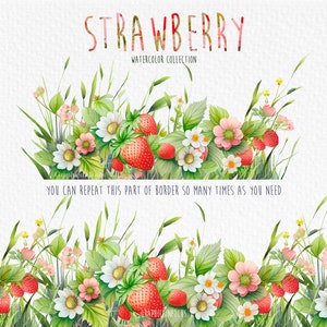 Strawberry Flower Border: Watercolor Clipart, Seamless Design (digital ...