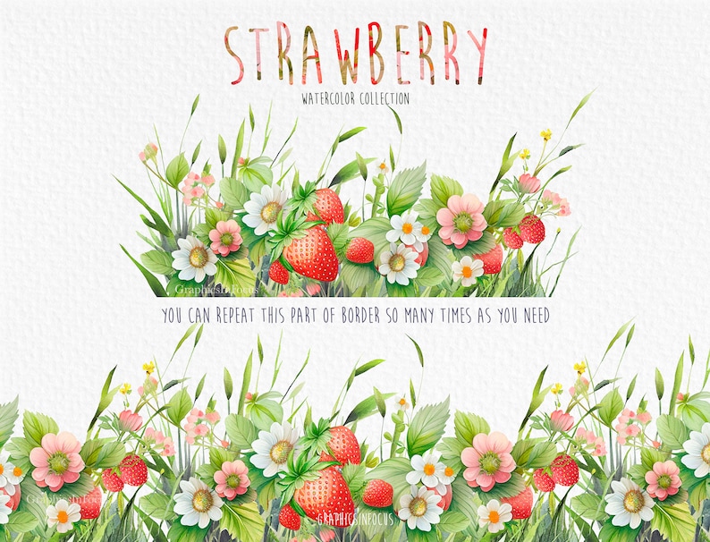 Strawberry Flower Border: Watercolor Clipart, Seamless Design (digital ...