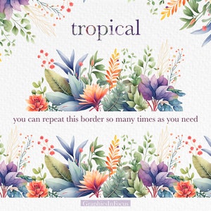 Watercolor Tropical Flower Border Clipart: Seamless Party Design (PNG ...