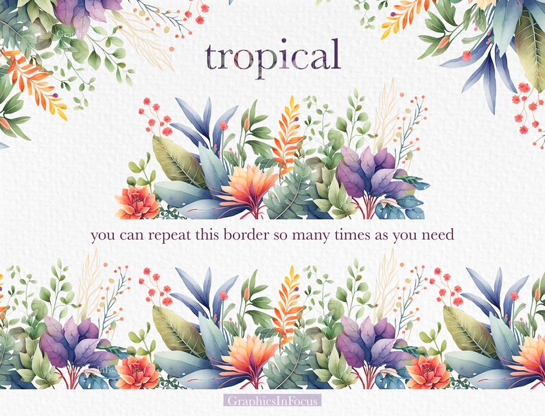 Tropical Flowers Border , Party Clipart , Watercolor Flowers , Seamless ...