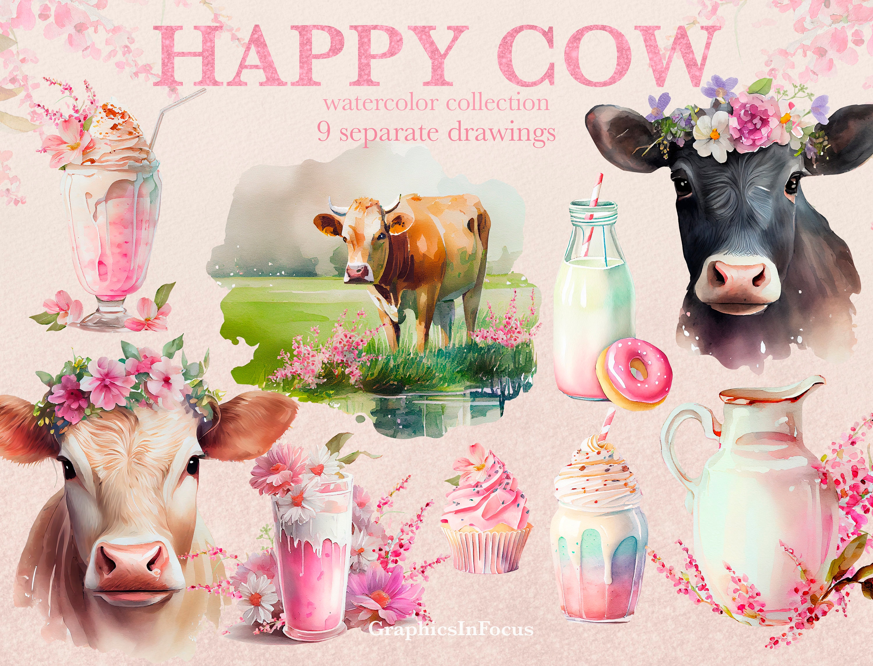Happy Cow Clipart , Milk Clipart , Watercolor Clipart , Milkshake Png ...