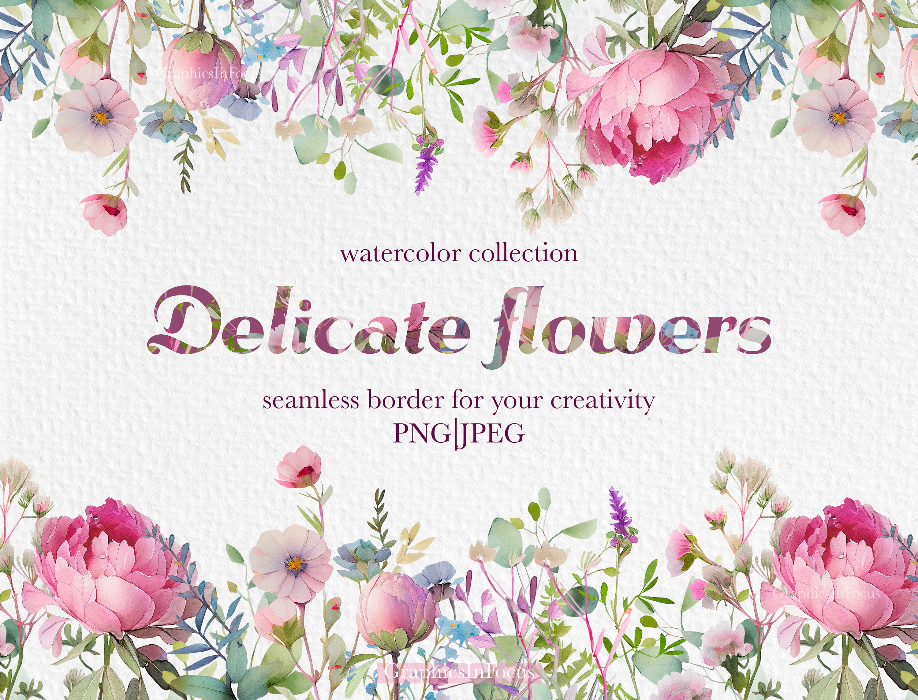 Peony and Wildflowers Border , Seamless Flowers Border , Watercolor ...