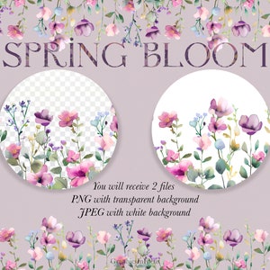 Spring Flowers Watercolor Border: Seamless Floral Clipart (PNG, JPEG ...