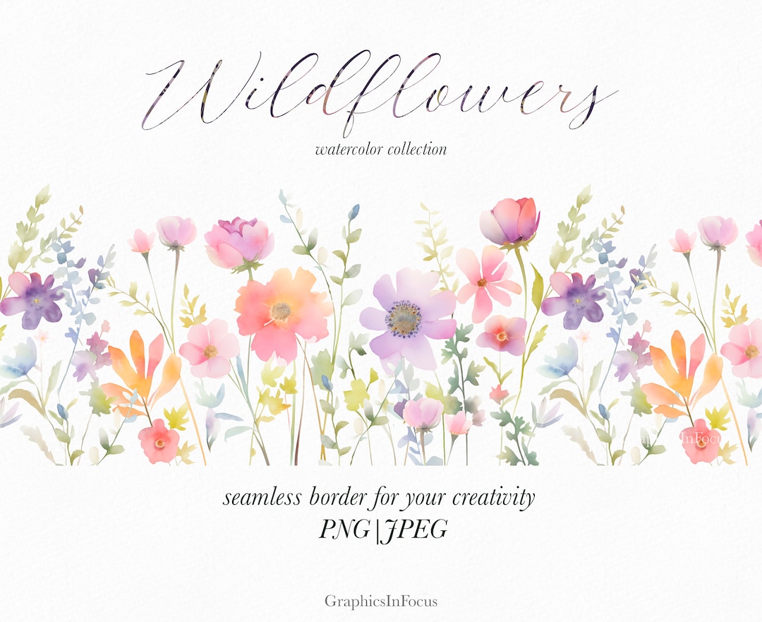 Summer Wildflowers Border , Seamless Border , Watercolor Clipart ...