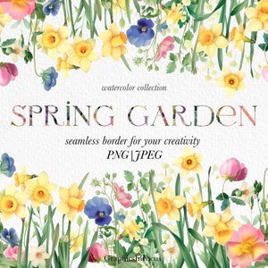 Spring Flowers Seamless Border , Flowers Clipart , Watercolor Style ...