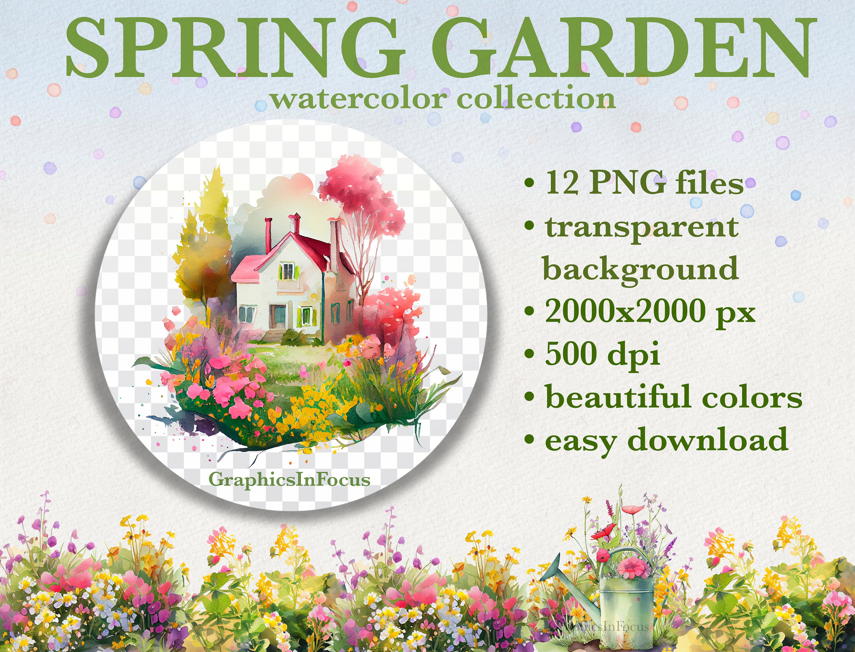 Spring Garden Watercolor Clipart Village Clipart Spring - Etsy
