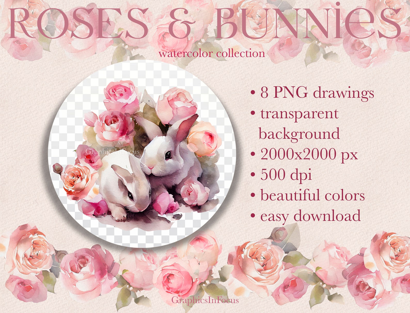 Roses and Bunnies Clipart , Pink Roses Clipart , Bunny Clipart , Animal ...