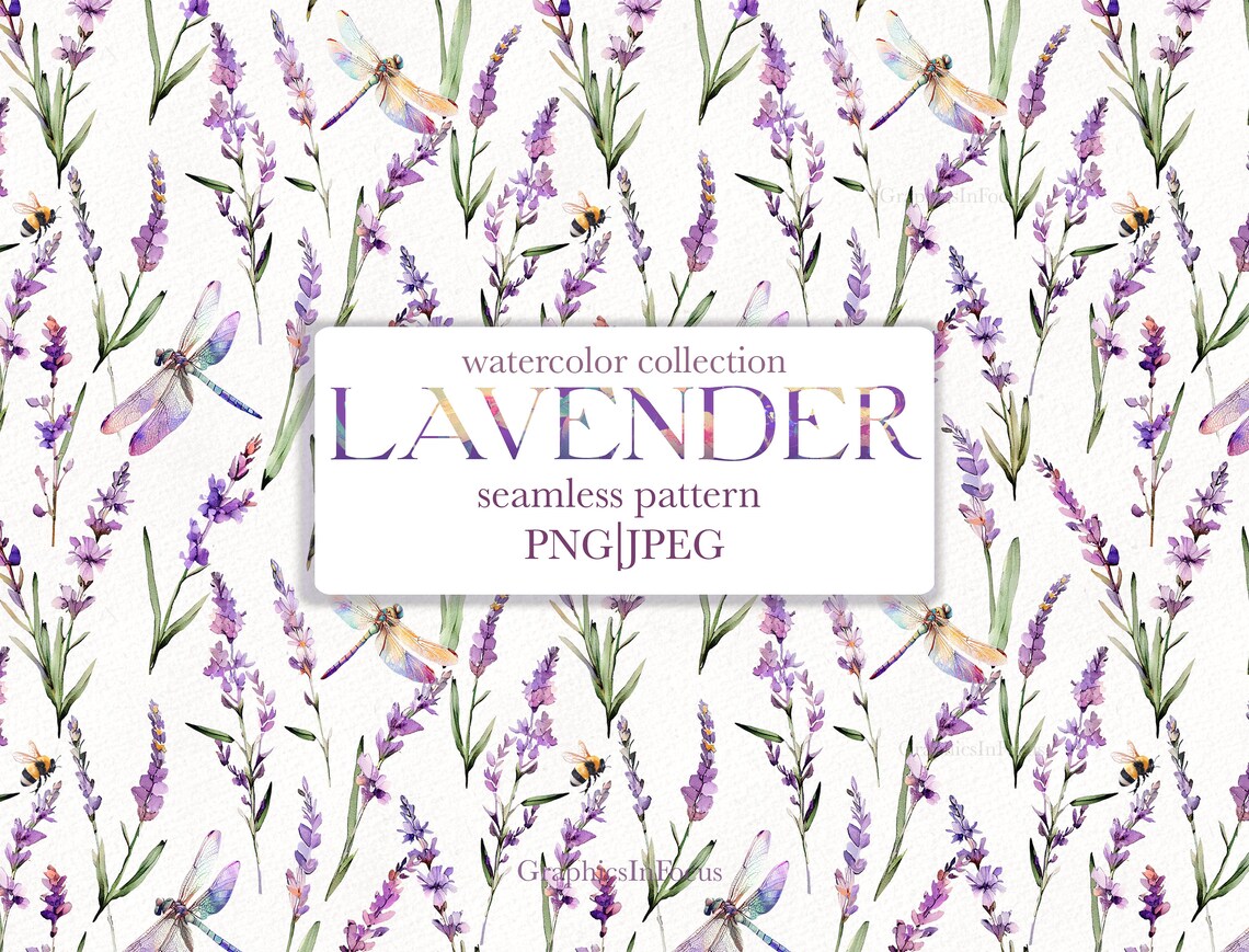 Watercolor Lavender Seamless Pattern: Floral Clipart (PNG, JPEG Digital ...