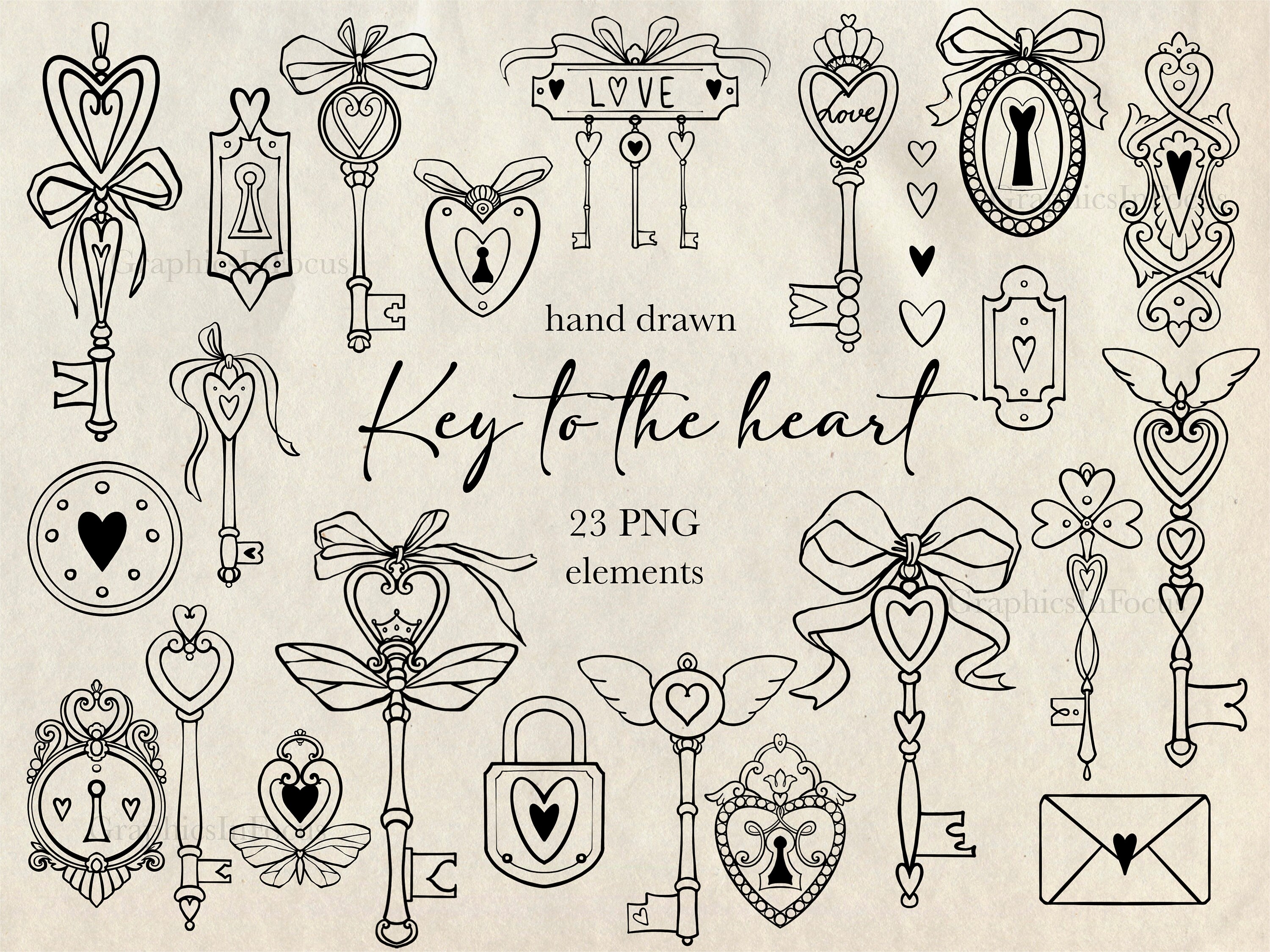 Key to the Heart Hand Drawn Clipart for Valentines Day 23 PNG Line Art ...