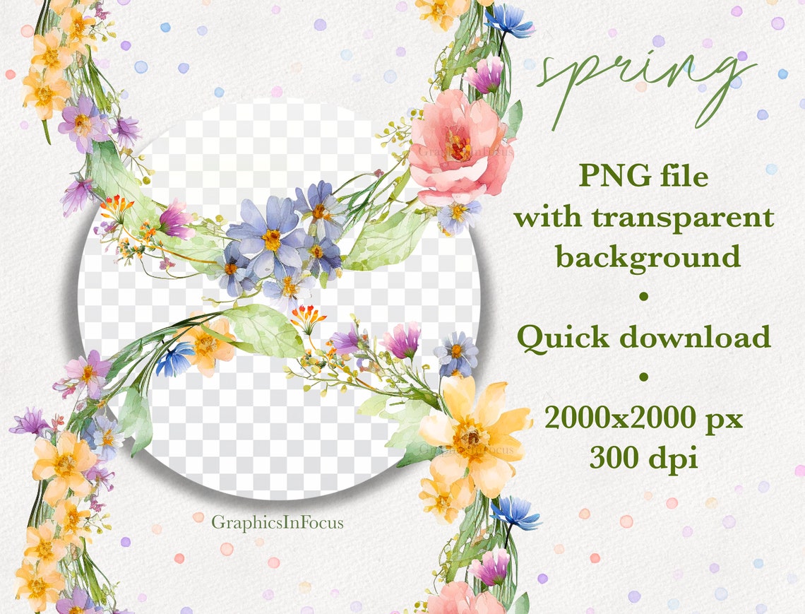 Spring Flowers Wreath , Watercolor Clipart , PNG File Transparent ...