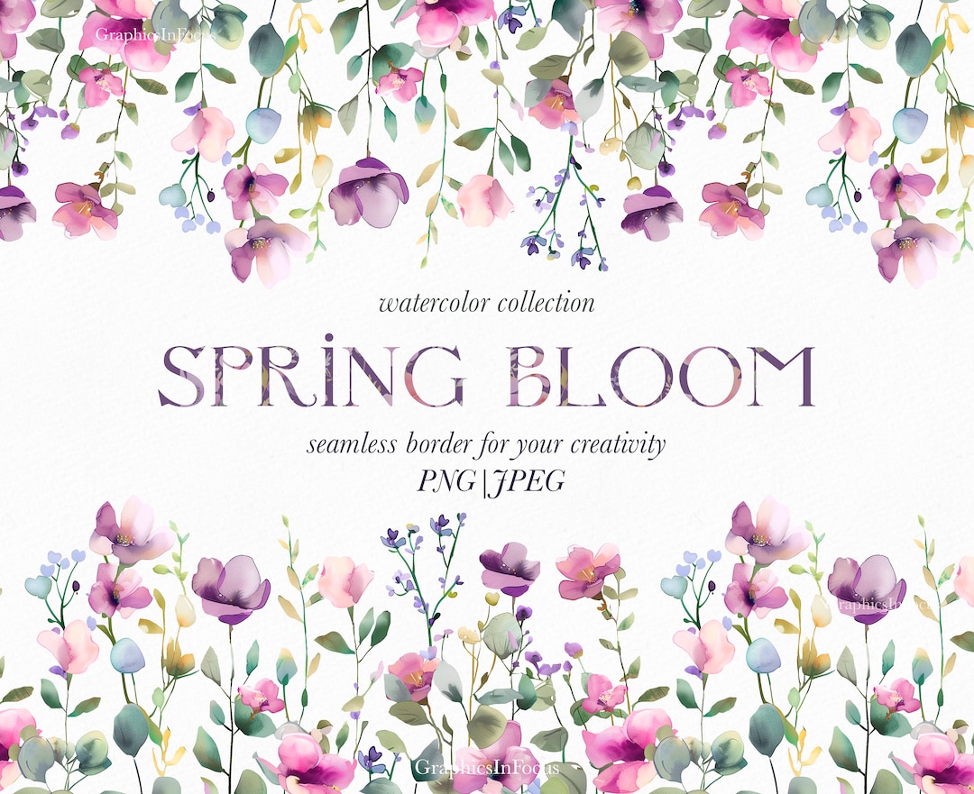 Spring Flowers Watercolor Border: Seamless Floral Clipart (PNG, JPEG ...