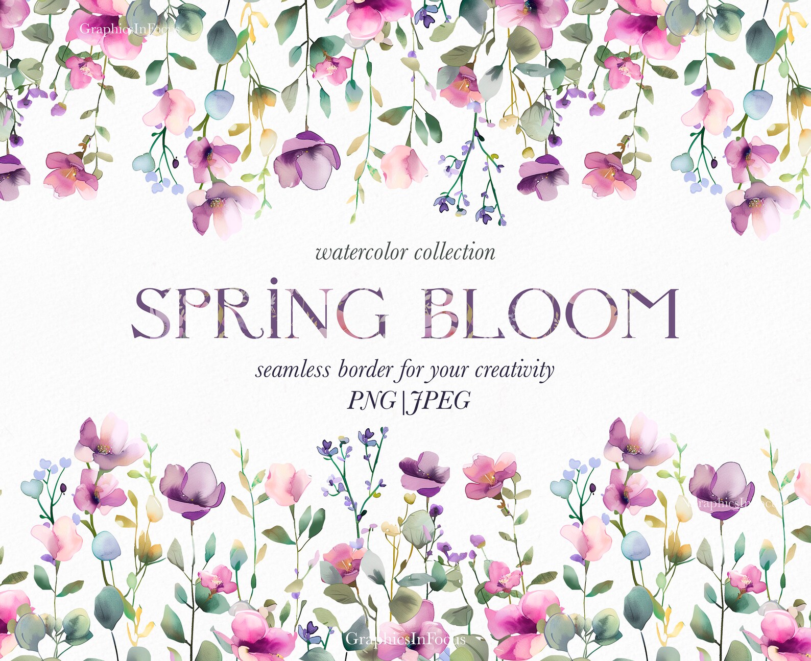 Spring Flowers Watercolor Border: Seamless Floral Clipart (PNG, JPEG ...