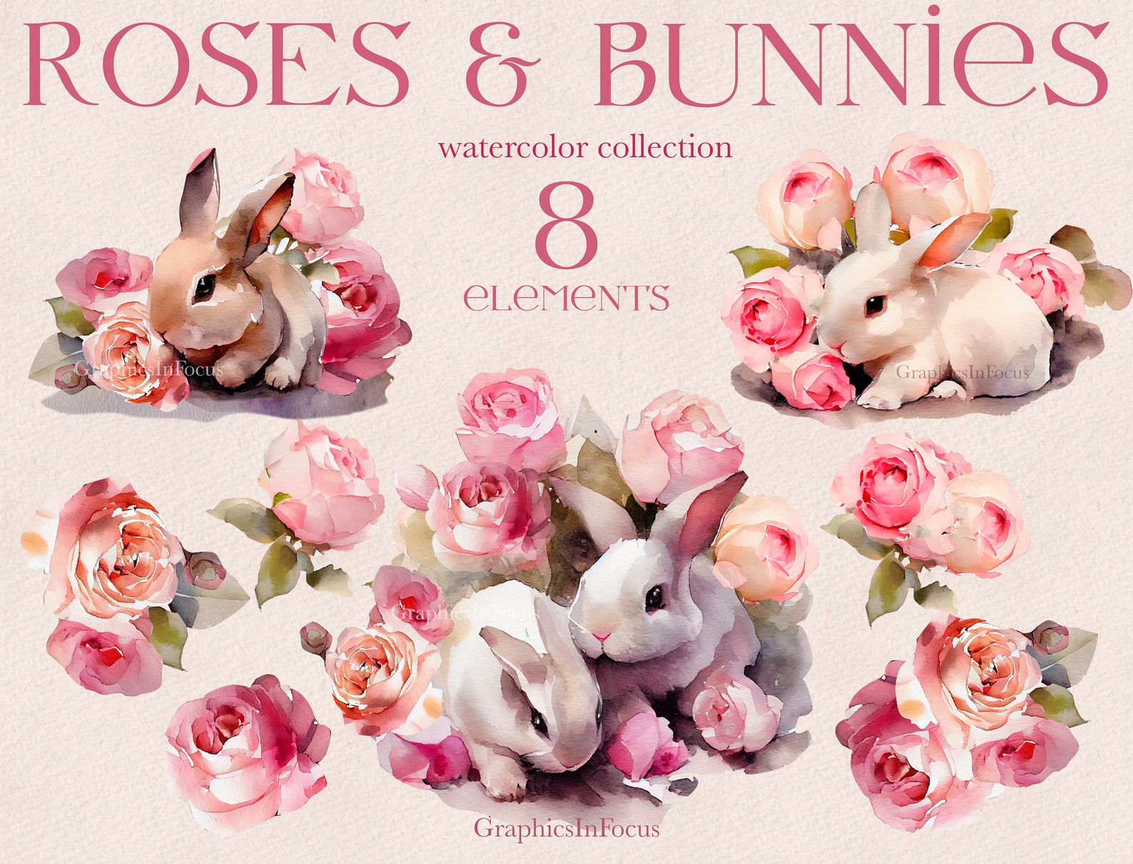 Roses and Bunnies Clipart , Pink Roses Clipart , Bunny Clipart , Animal ...
