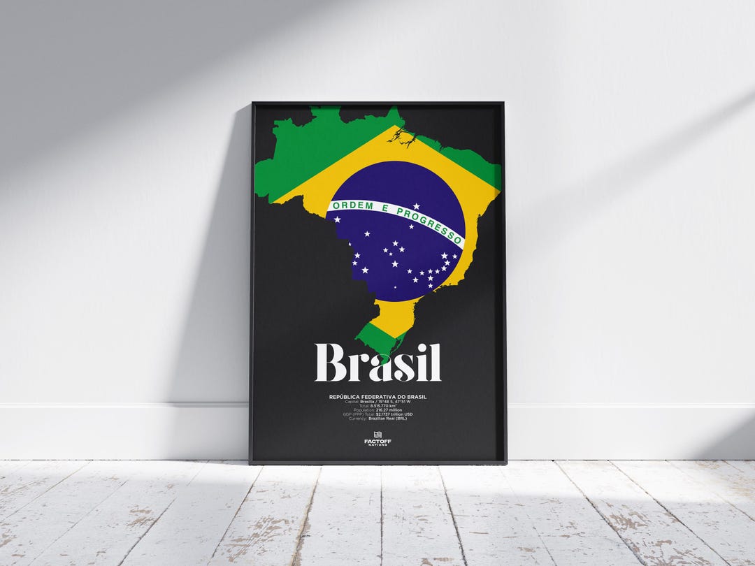 Brazil Country Poster – Modern Flag Map Print, Brasil Wall Art ...