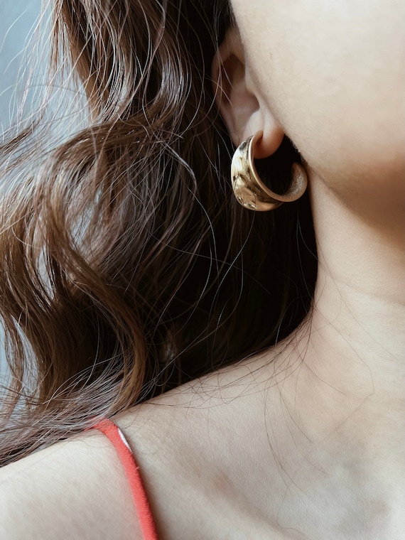 Thick Gold Large Half Hoop Earrings Chunky Hoop Round Earrings Huggie Classic 925 Silver Earrings 18K Gold Plated Etsy
